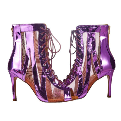 Certified Baddie Pink Metallic Open Toe Lace Up Bootie Stiletto Dance ...