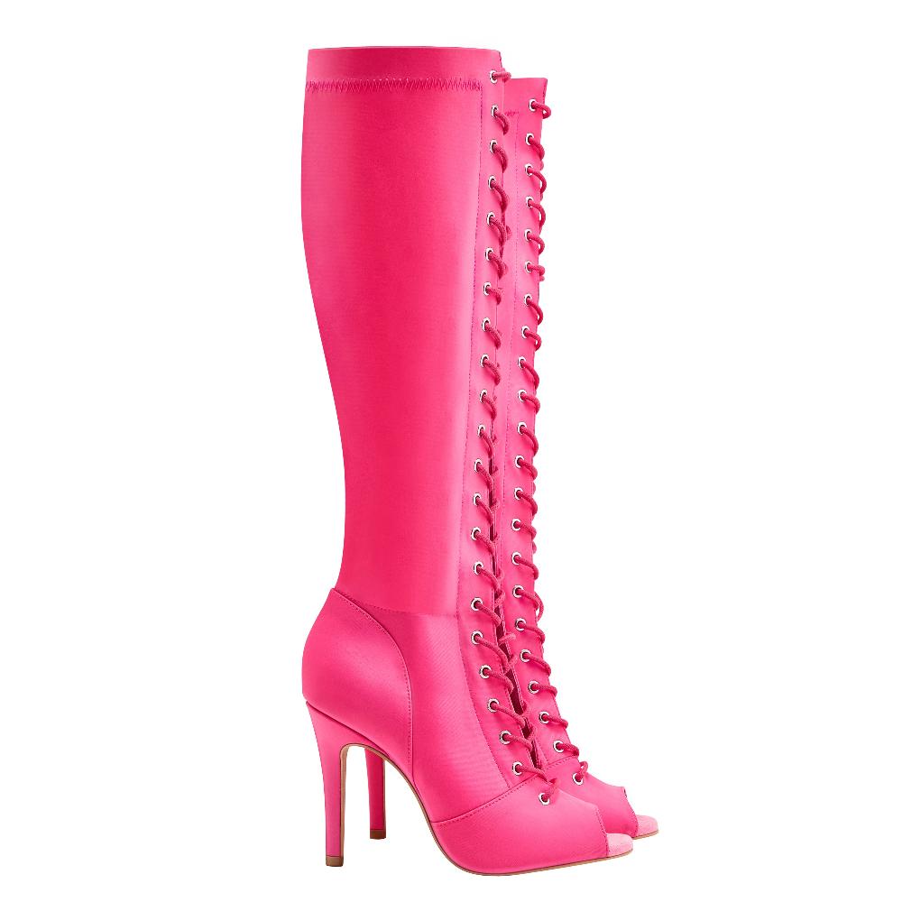 Pink Open Toe Lace Up Knee High Boots Dance Heels Dance Shoes | Bouge Moi